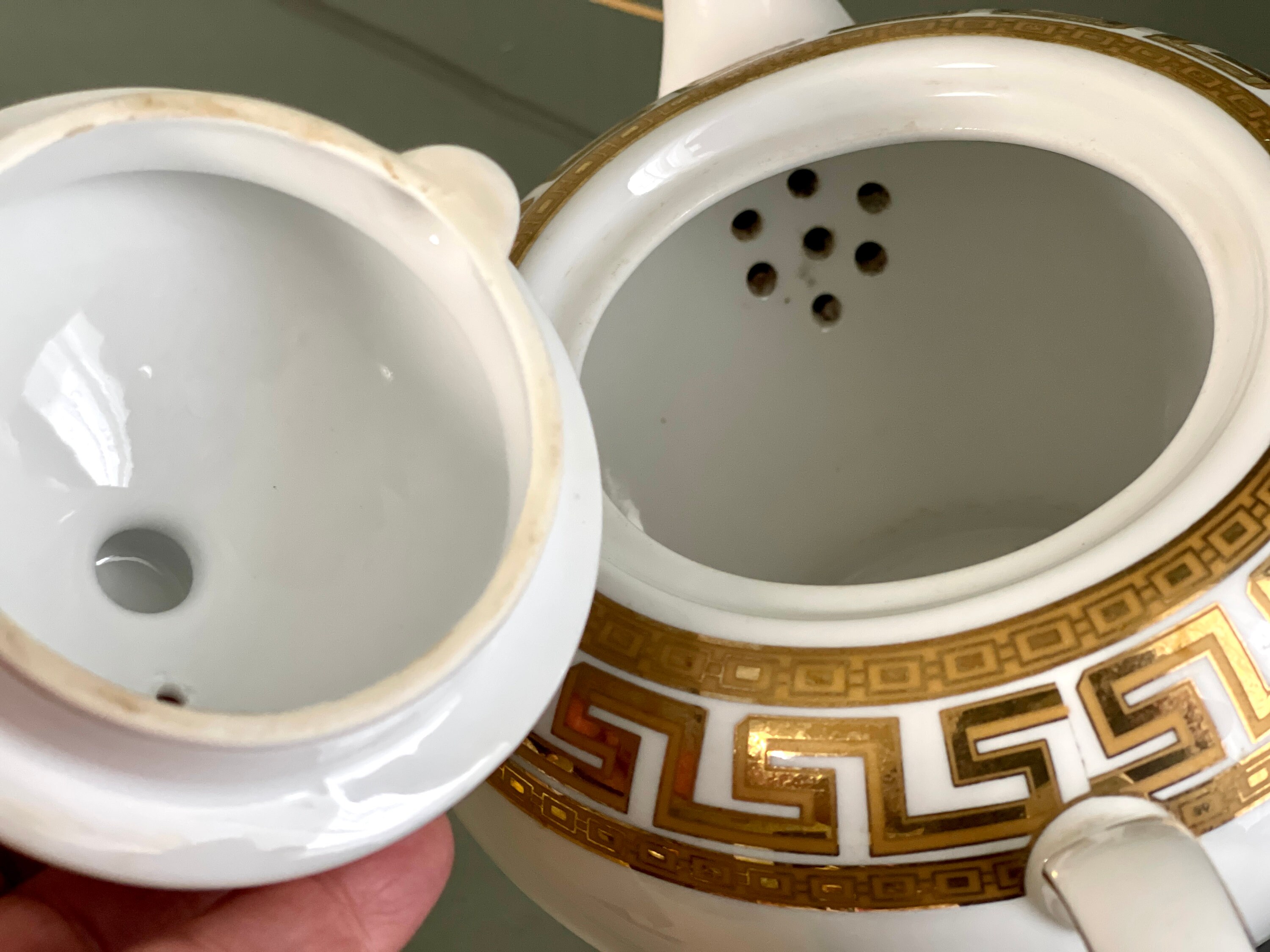 Teapot Gold Greek Key White Large Porcelain Kitchen Decor Geometric ...
