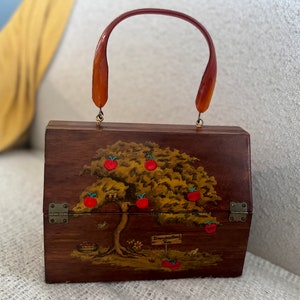 Wooden Purse Box Handmade 70s Grandmother's Gift Teacher Apple Tree Art ...