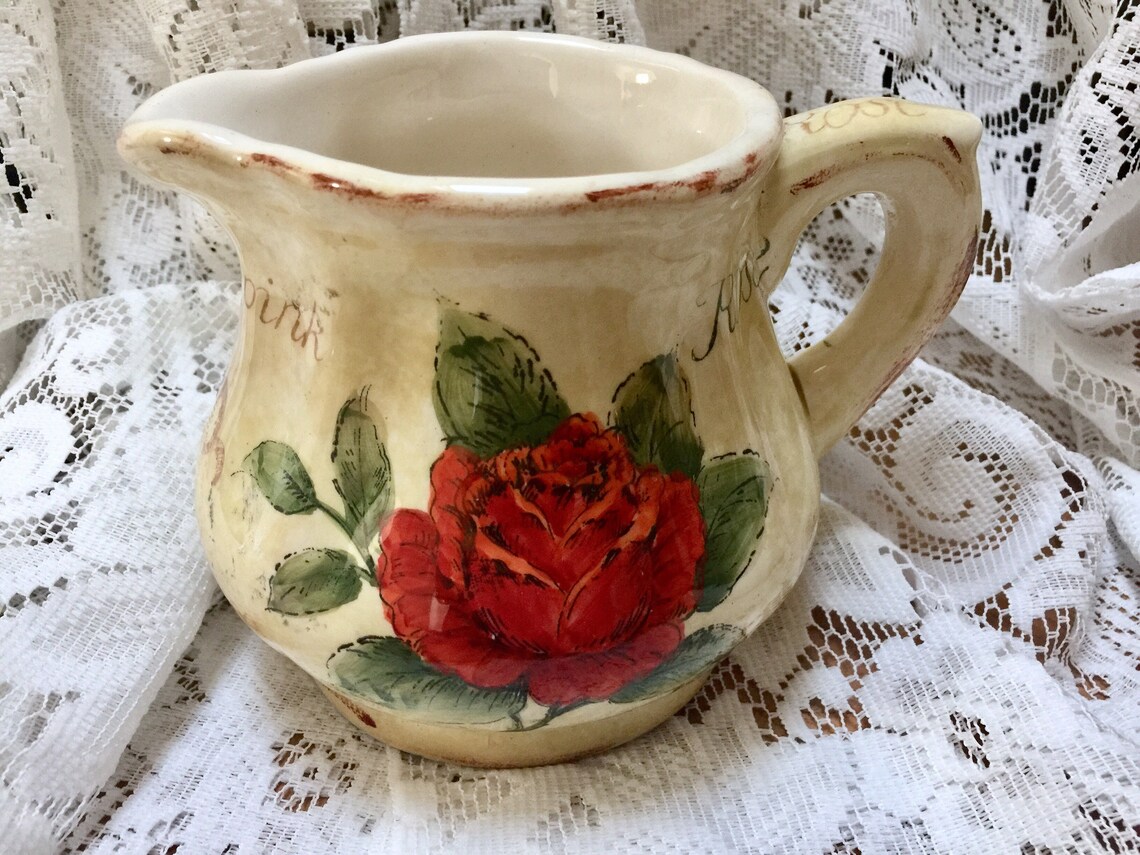 Red Rose Pitcher Porcelain Creamer Carafe Barware Jug Shabby Chic ...