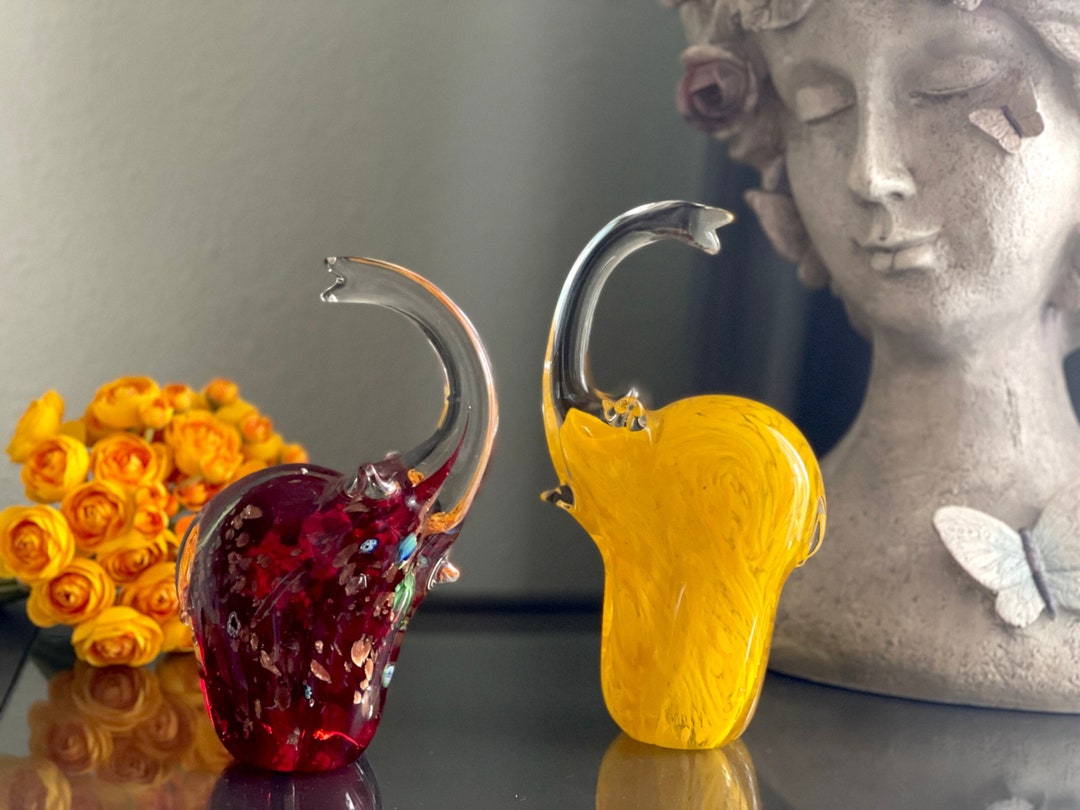Murano Glass Lucky Elephant Statue Yellow Art Glass Animal Paperweight ...