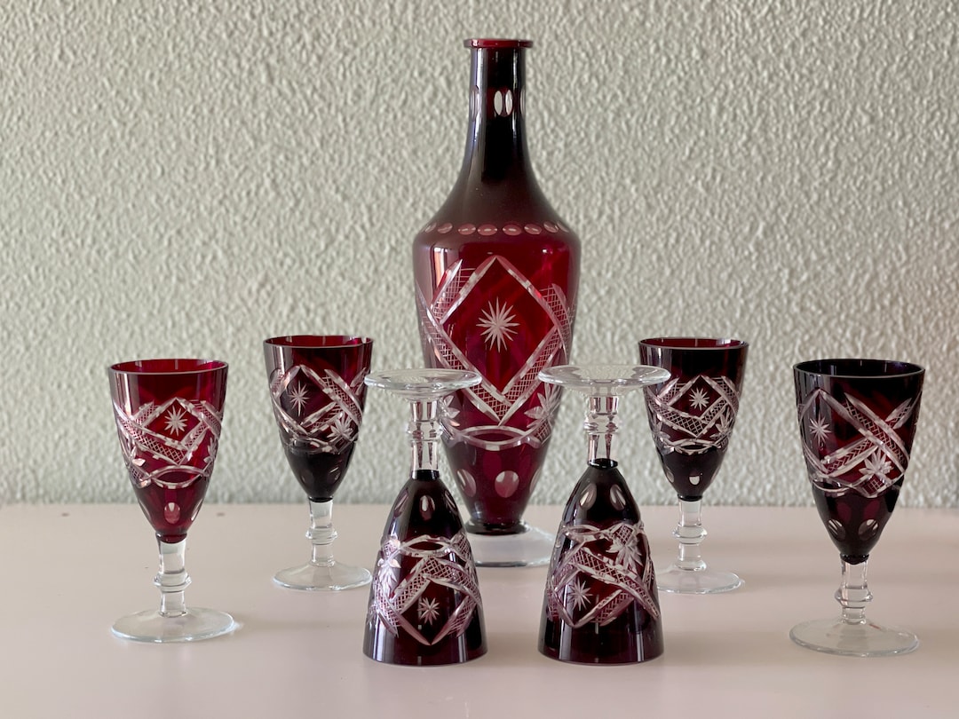 Ruby Red Czech Crystal Bohemian Drink Set Carafe Footed Glass 1960s ...