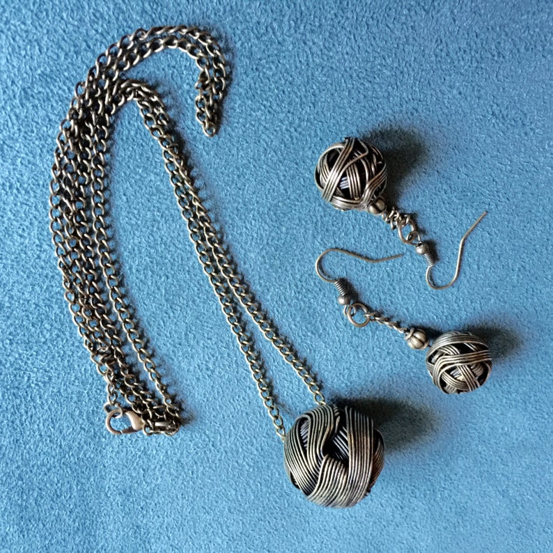 Silver Metal Wire Ball Sphere Necklace Earrings Handmade Set Geometric ...