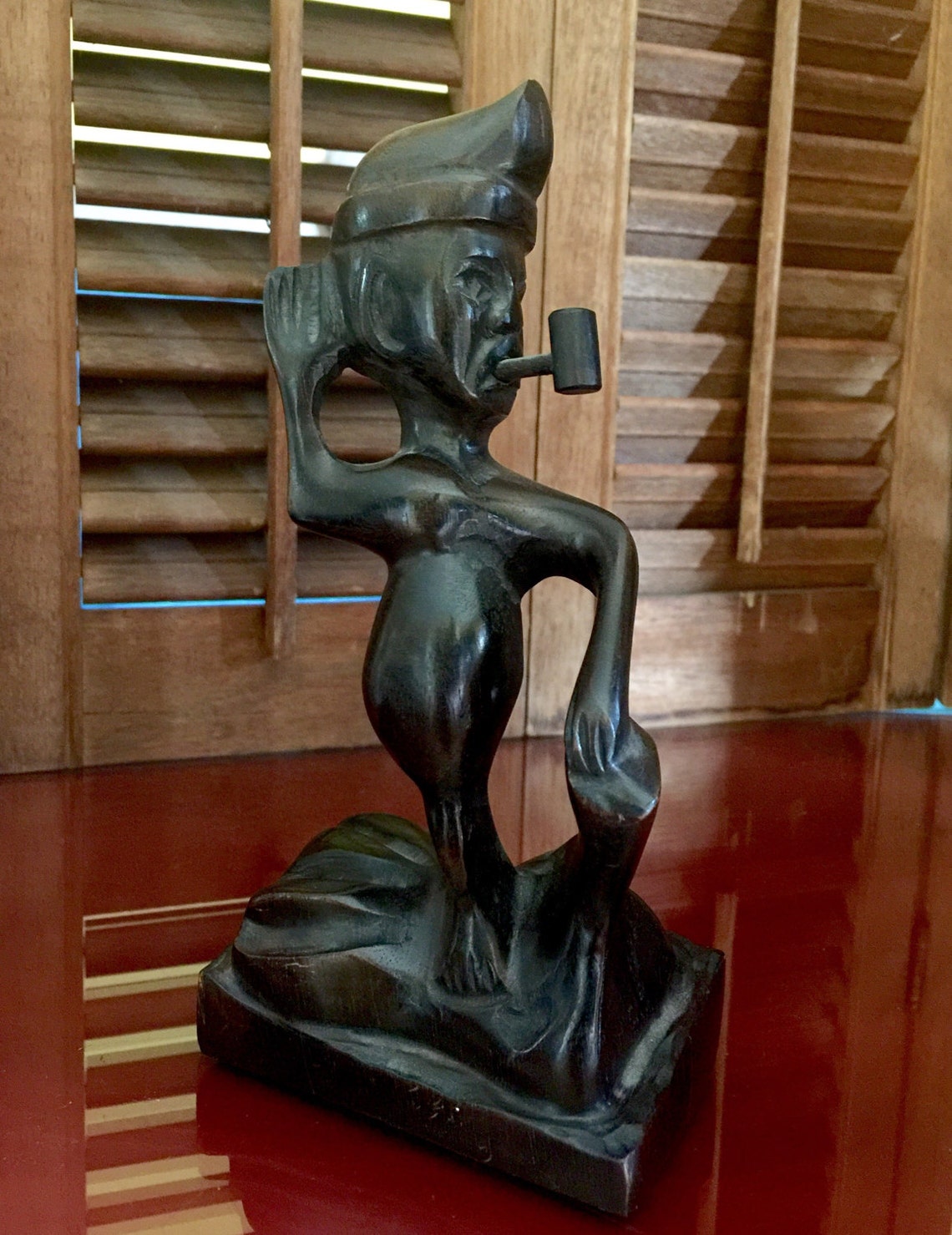 Pipe Smoking Man Wooden Statue Sailor Abstract Figurine Vintage Ebony ...