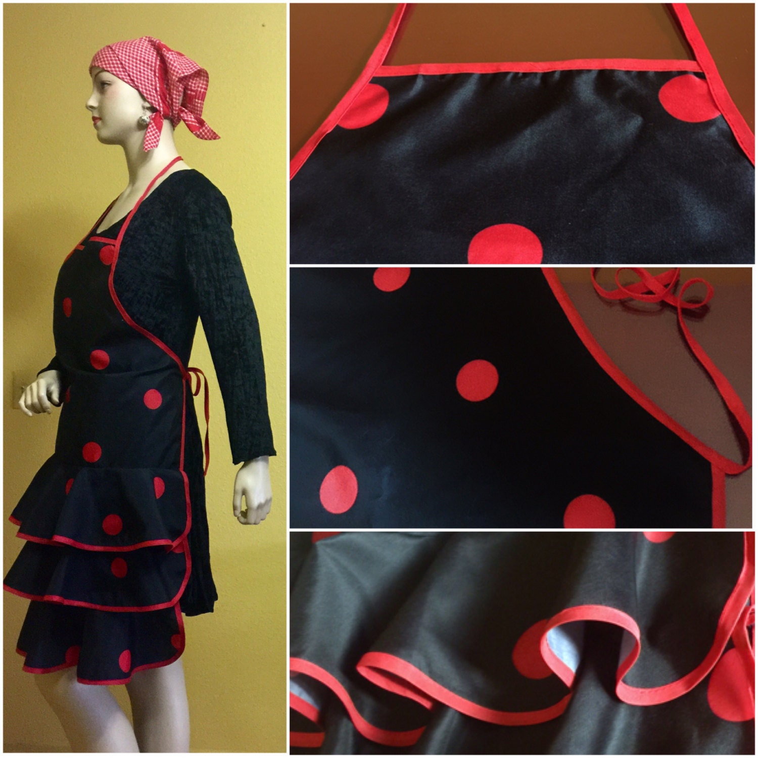 Vintage Retro Red Black Polka Dot Full Apron Pin up Kitchen Chef Baking ...