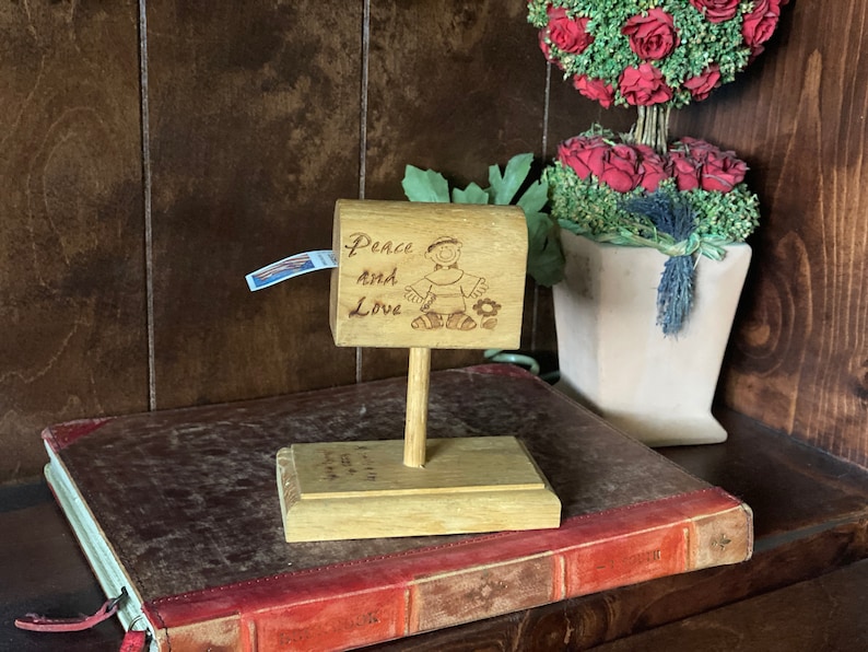 Rare Wood Mail Box Postage Stamp Holder Postbox Figurine Peace Love ...