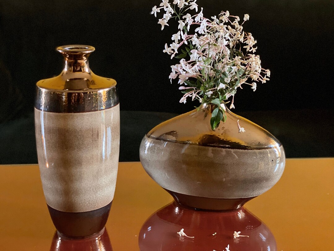 Brown Vases Ceramic Metallic Pottery Short Neck Tall Vase Oval Vessel ...