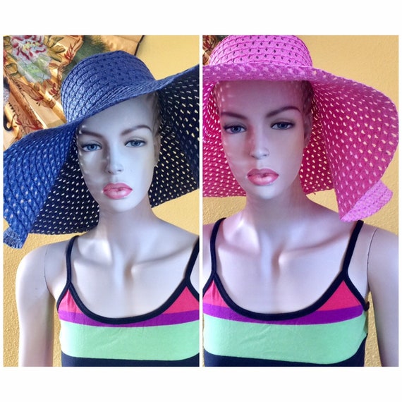 Wide Brim Floppy Sun Hat Faux Straw Blue Woven Croche Gem
