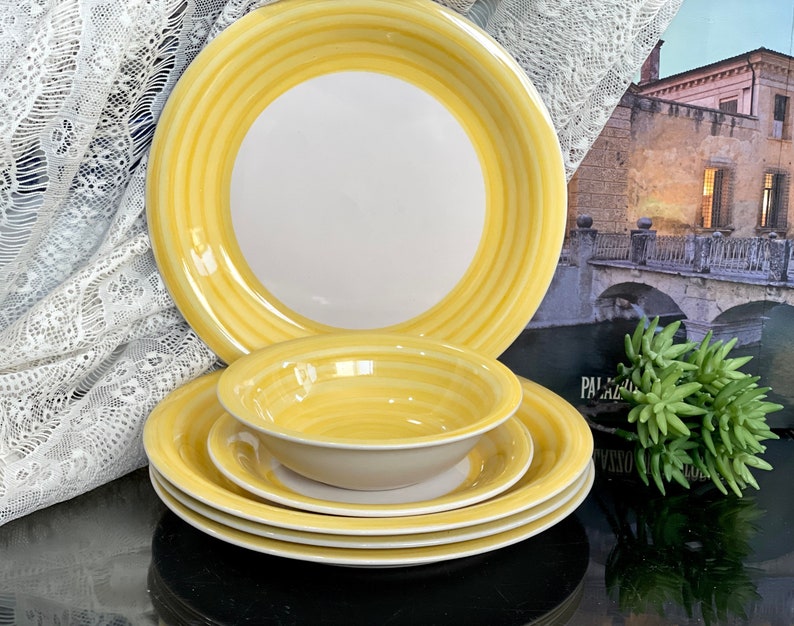 Vintage Ceramic 80s Swirl Yellow Dinner Set Stoneware Plates Soup Bowls ...