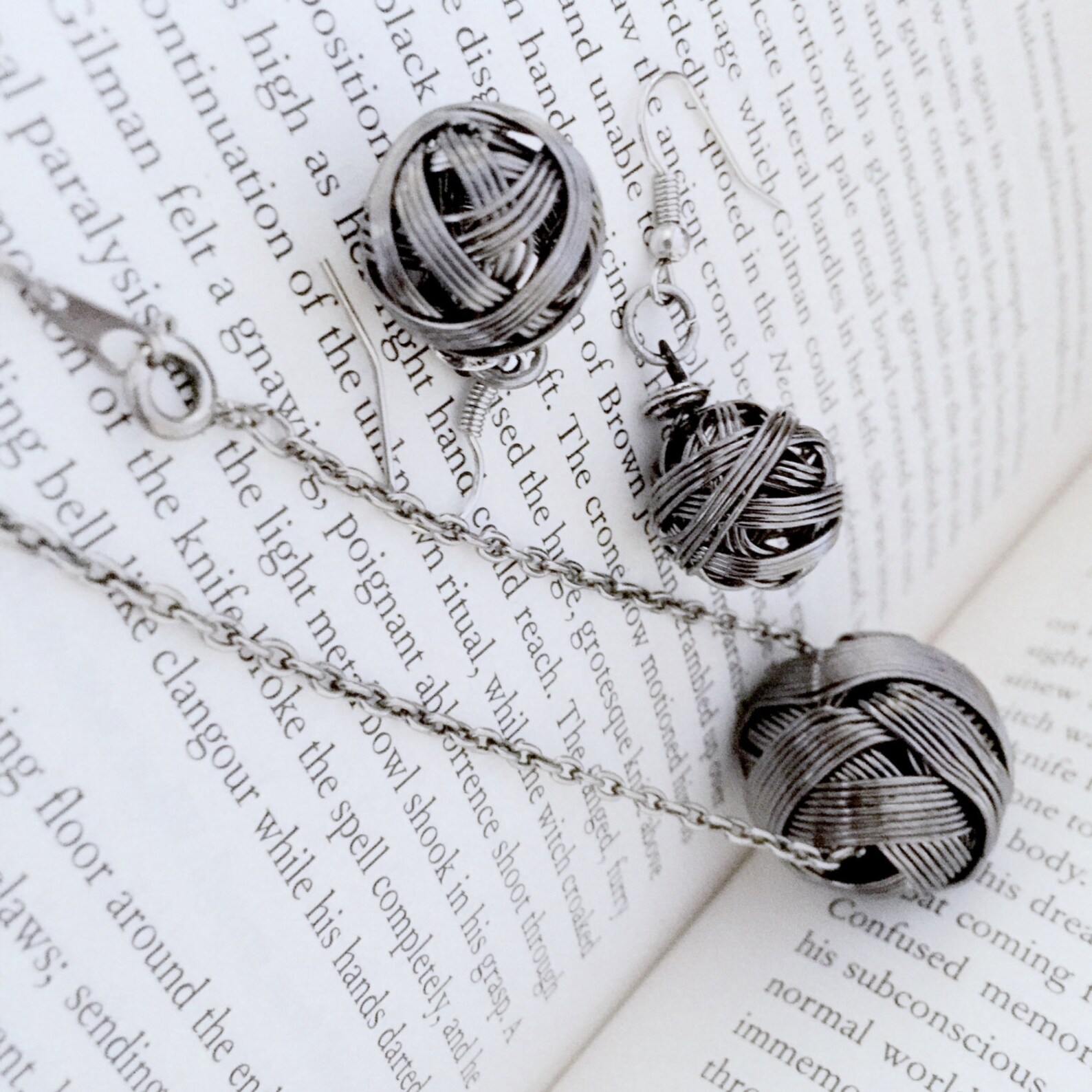 Silver Metal Wire Ball Sphere Necklace Earrings Handmade Set Geometric ...
