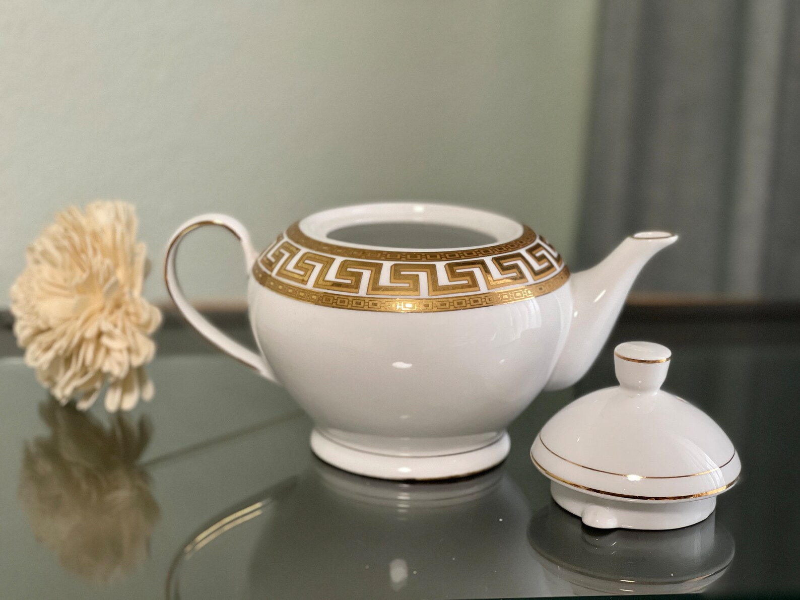 Teapot Gold Greek Key White Large Porcelain Kitchen Decor Geometric ...