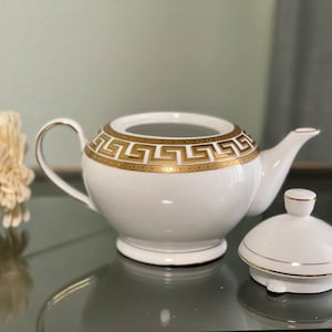 Teapot Gold Greek Key White Large Porcelain Kitchen Decor Geometric ...