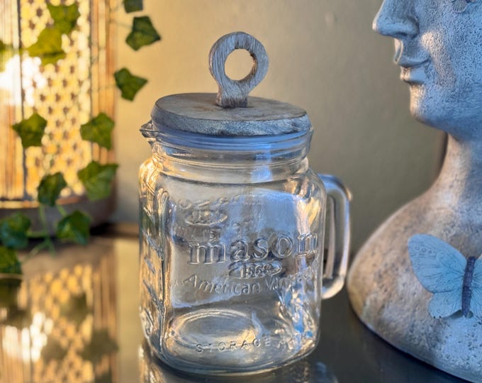 Large Mason Jar Water Pitcher Thick Glass Square Flower Vase Handle ...