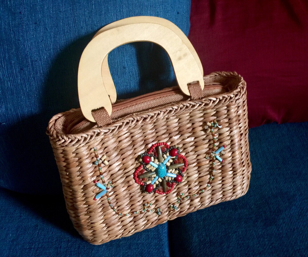 Retro Straw Purse Turquoise Red Beaded Basket Weaved Wooden Handles ...