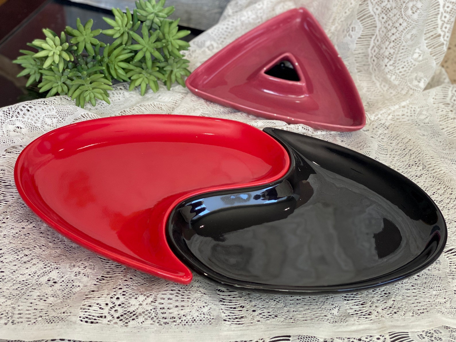 Geometric Ceramic Tray Black Red Serving Snack Dish Triangle - Etsy