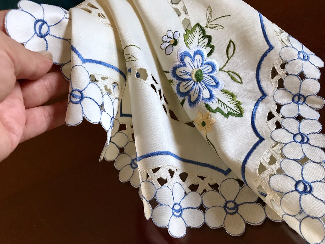 French Blue Floral Lace Table Runner Embroidery Doily Wedding - Etsy