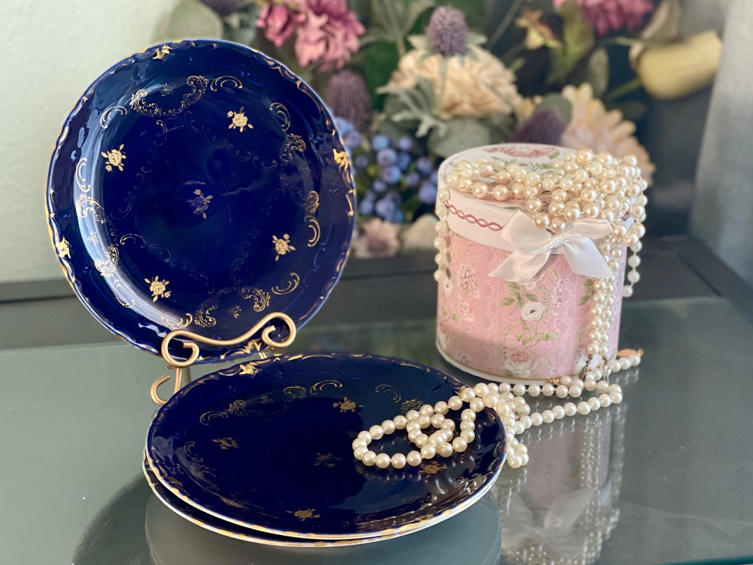 Cobalt Blue Gold Rose Plates Reichenbach Germany GDR Victorian Art ...