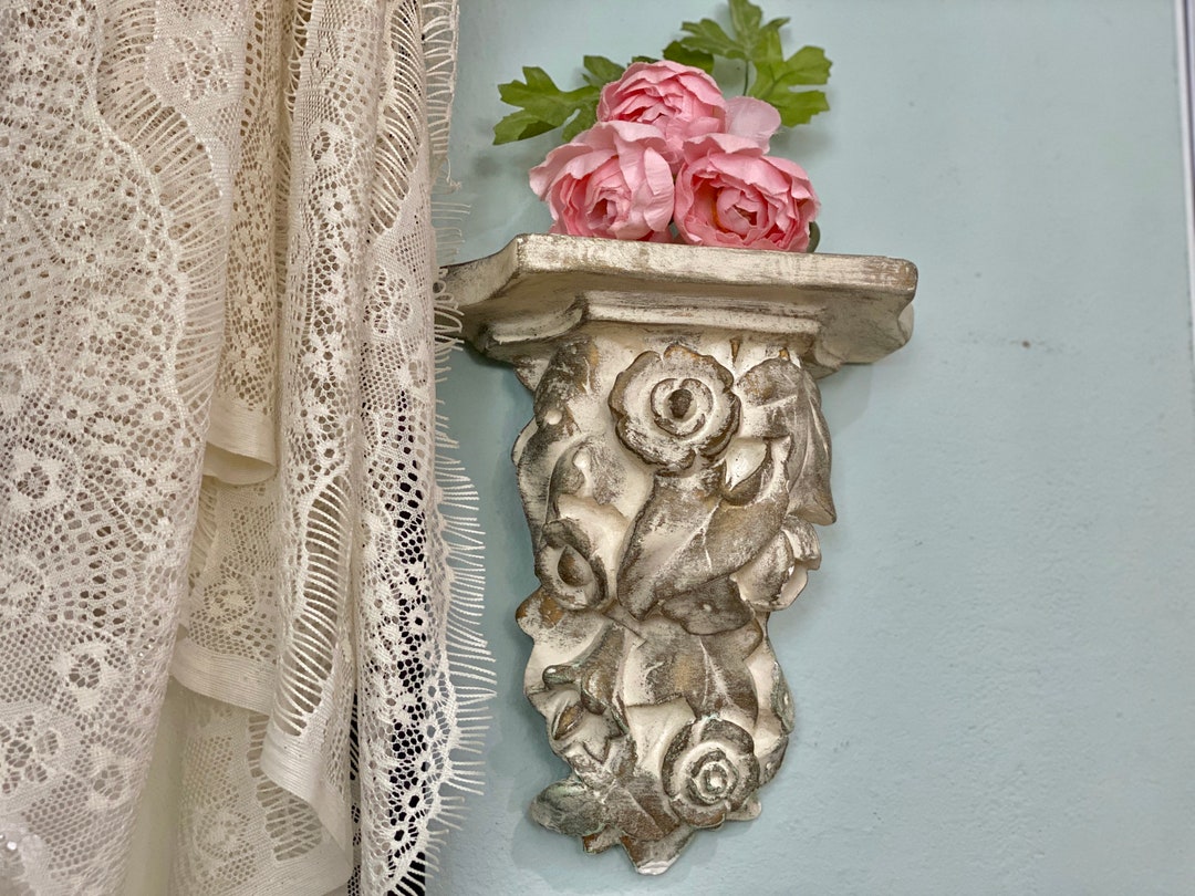 Victorian Roses Shelf Bracket Wall Sconce Distressed Chalk Art Scrolled ...