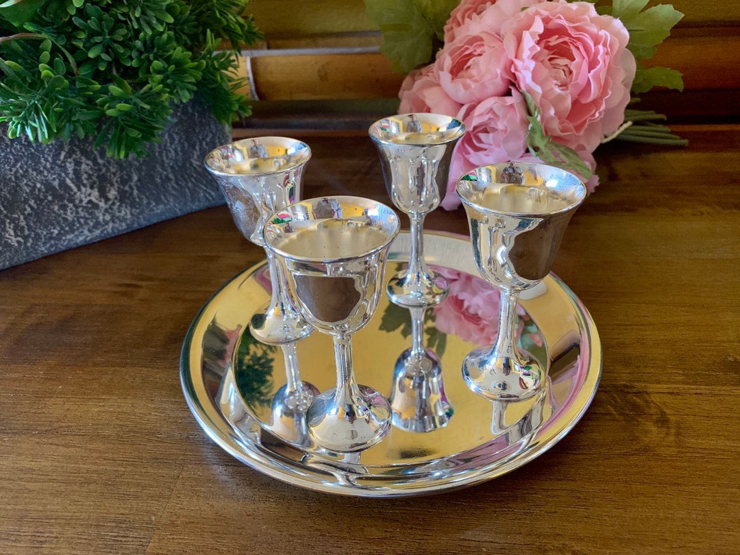 Silverplated Mini Goblet Set Tray Footed Cordial Shot Glass Chalice ...