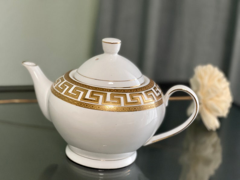 Teapot Gold Greek Key White Large Porcelain Kitchen Decor Geometric ...