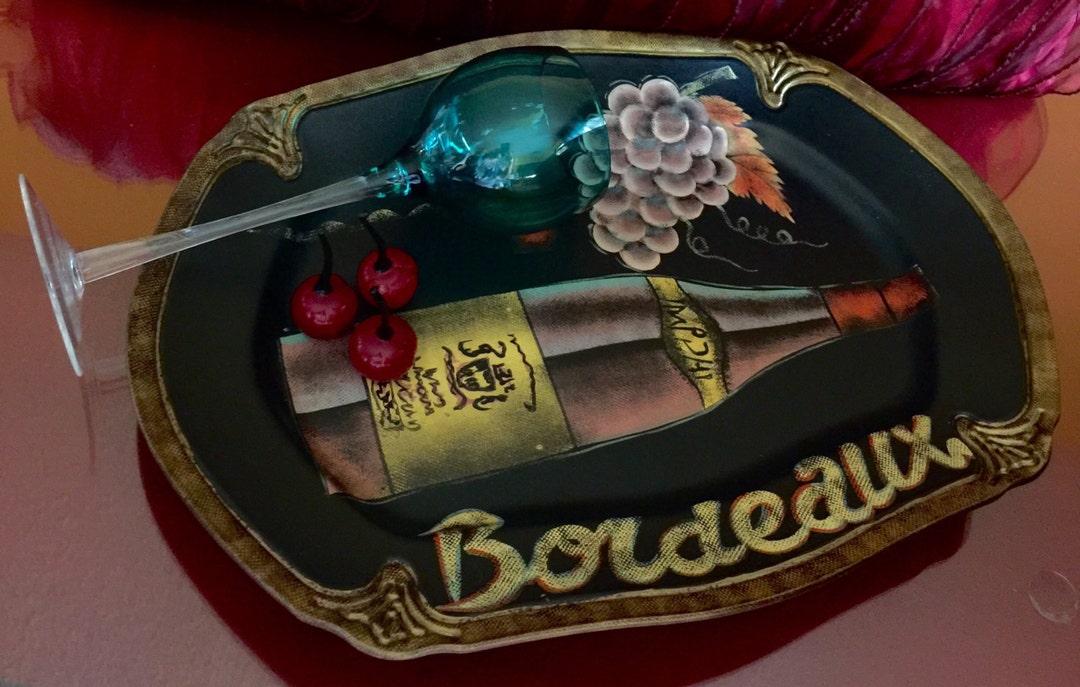 Wooden Tray Wine Bottle Grape Platter Bordeaux Hand Painted Golden Rim ...