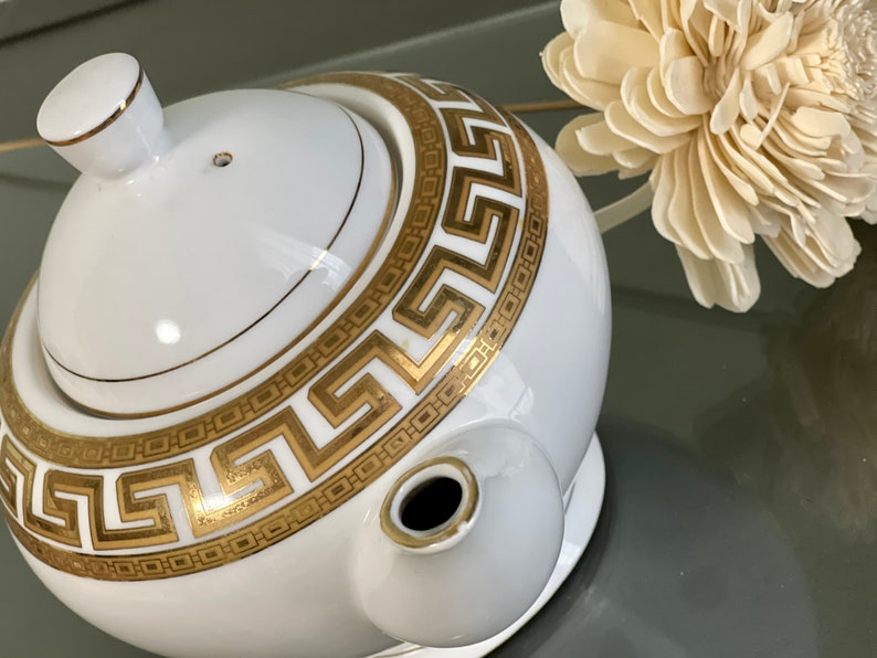 Teapot Gold Greek Key White Large Porcelain Kitchen Decor Geometric ...