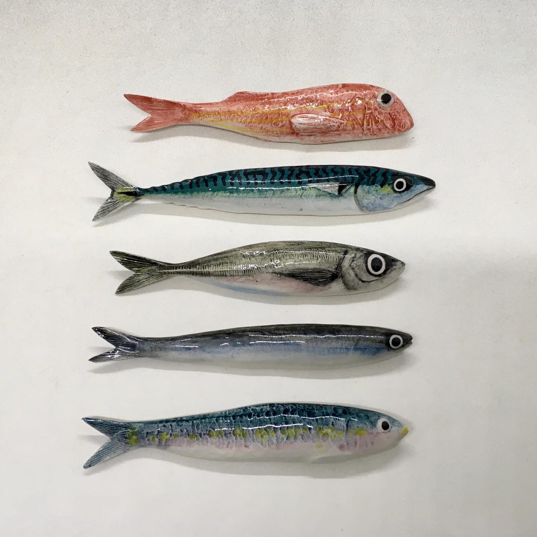 5 Different Ceramic Fish, a Red Mullet, a Mackerel, a Horse Mackerel ...