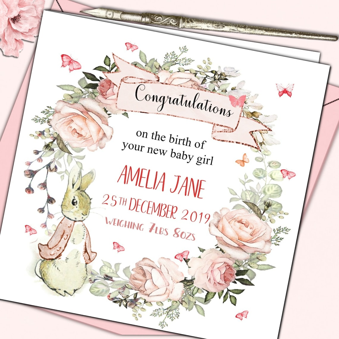 Personalised New Baby Birth Arrival Card Girl Peter Rabbit - Etsy