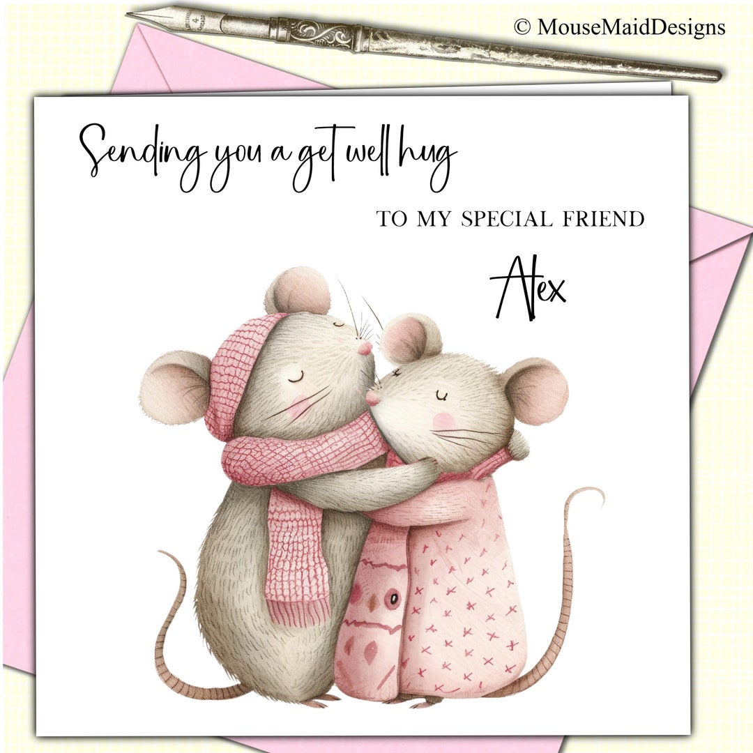 Personalised Get Well Soon Card Personalised Mice Cuddle Hug Friend Mum ...