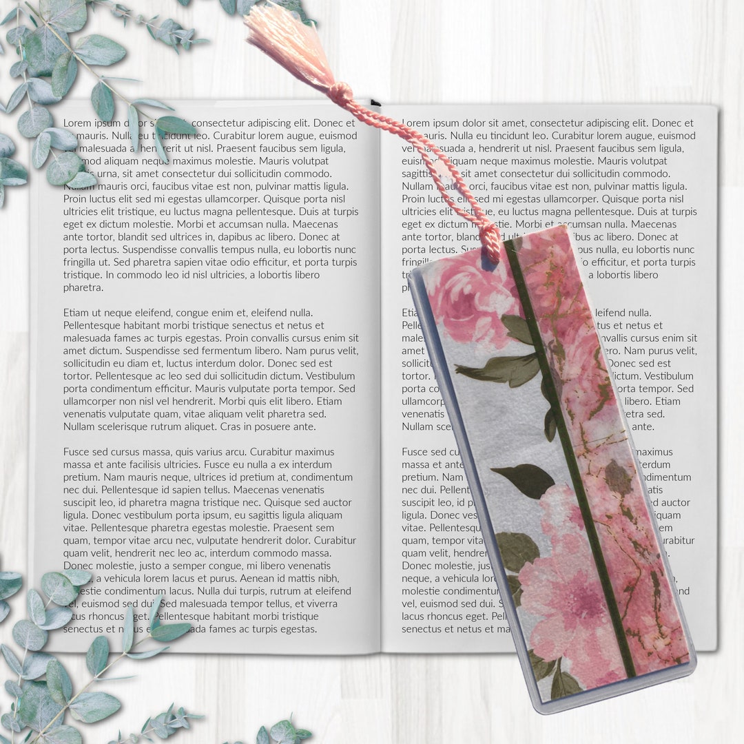 Rose Laminated Bookmark With Tassel, Pink Floral Collage Bookmark, Blue ...