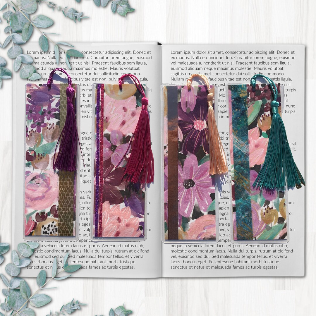Pink and Purple Floral Laminated Bookmark With Tassel, Collage Bookmark ...