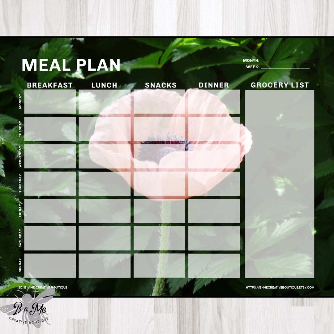 Poppy Spring Theme Weekly Meal Planner With Snacks and Sunday Start PDF ...