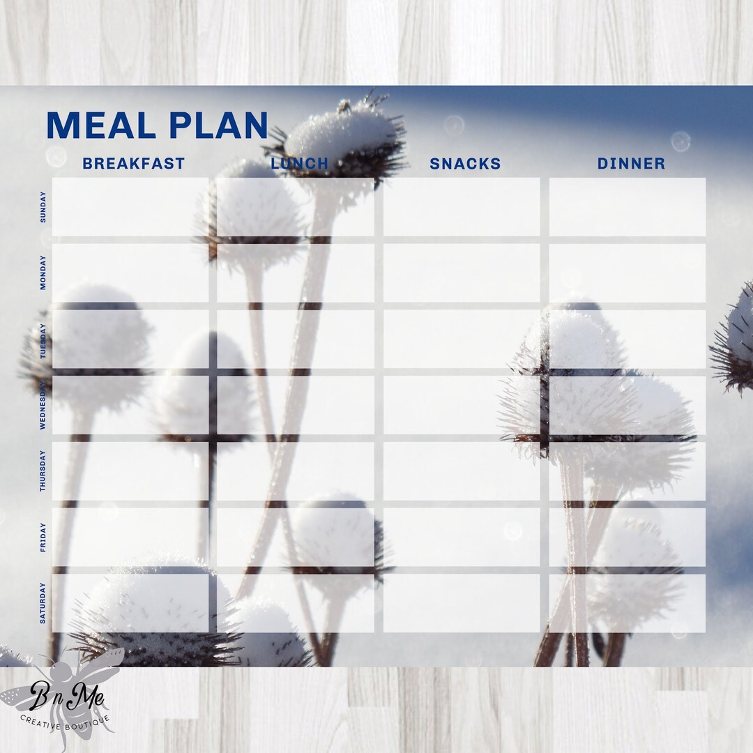 Thistles in Snow Winter Theme Weekly Meal Planner With Snacks and ...