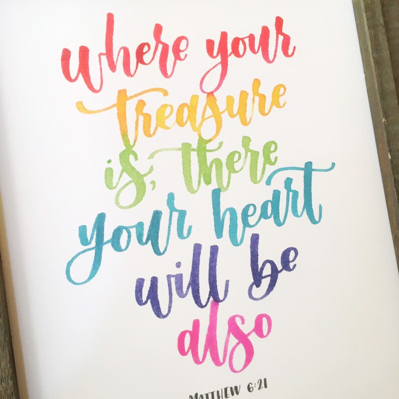 Hand Painted Watercolor Rainbow Hand Lettering - Matthew 6:21 - Etsy