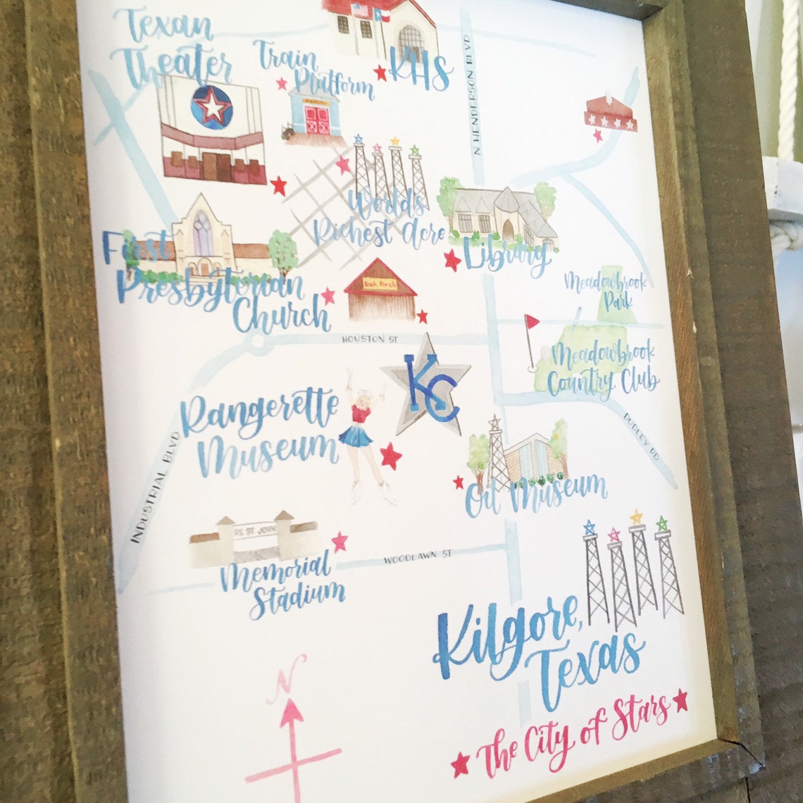 Hand Painted Watercolor Illustrated Map Kilgore, Texas - Etsy