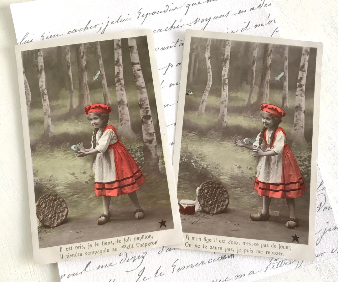 Two Antique French Postcards, Little Girl in Red Dress, Hand Tinted ...