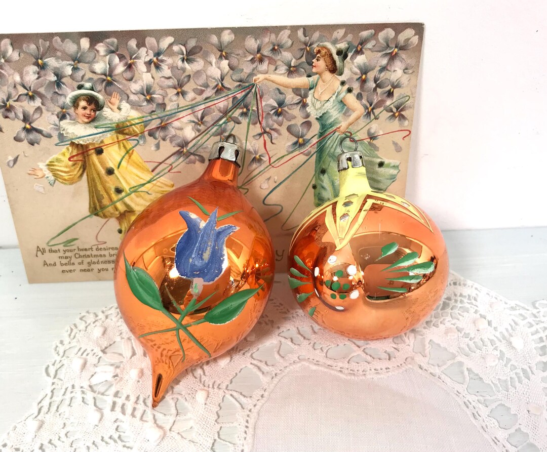 Two Beautiful Vintage Christmas Baubles, Hand Painted Mercury Glass ...