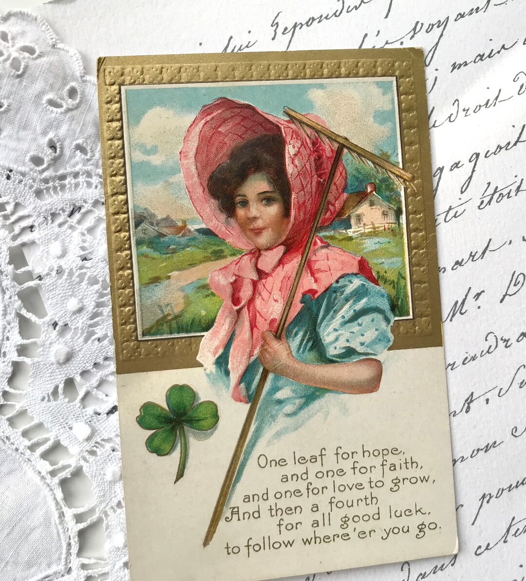 Antique Postcard, Pretty Lady, Four Leaf Clovers, Good Luck ...