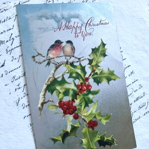 Christmas Postcard, Bullfinches on a Branch, Silver Background, Embossed Holly Leaves and ...
