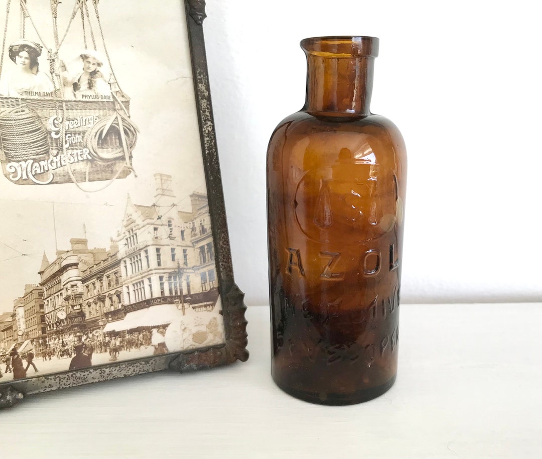 Antique Bottle, Amber Glass, Pictorial, Embossed, Azol Active Developer ...