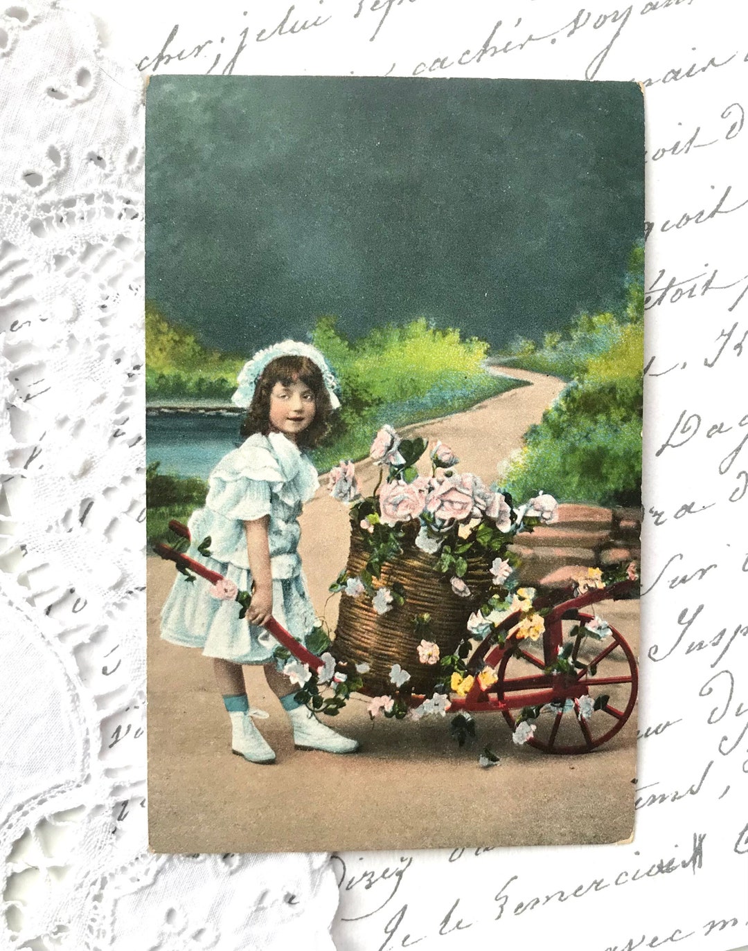 Antique Postcard, Pretty Girl in Blue Dress, Wheelbarrow Decorated With ...