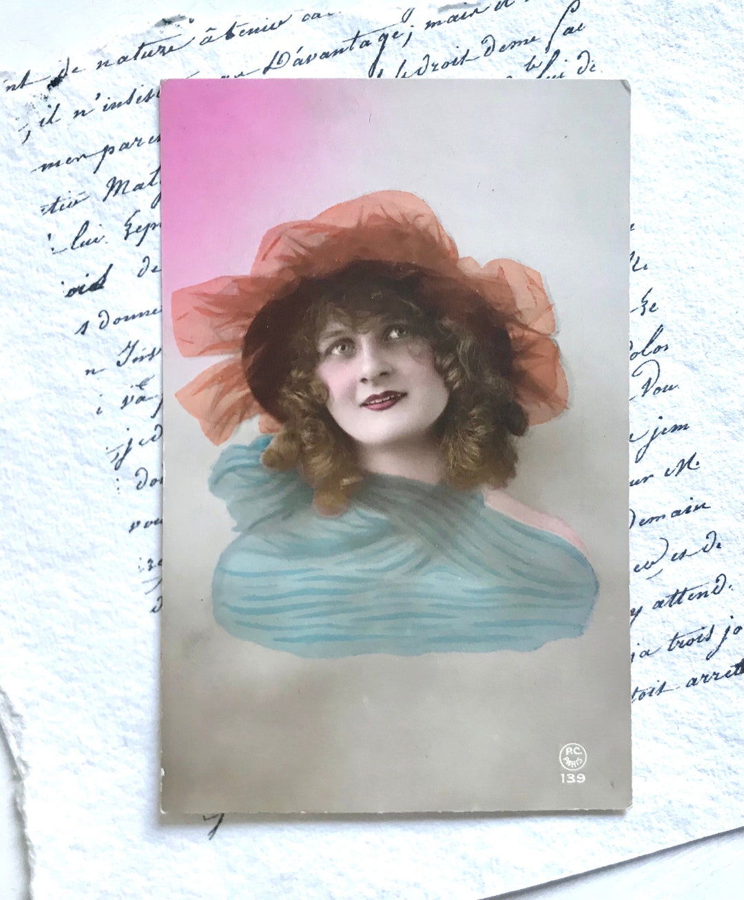 Antique French Postcard, Beautiful Young Woman, Large Frilly Hat ...