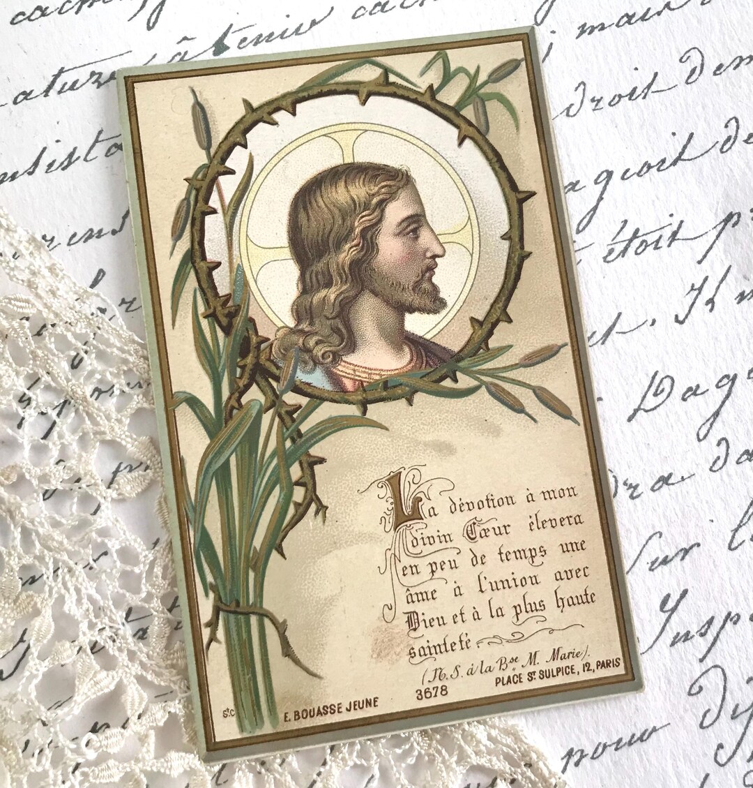Antique French Prayer Card, Religious Ephemera, Jesus, Gold Highlights ...