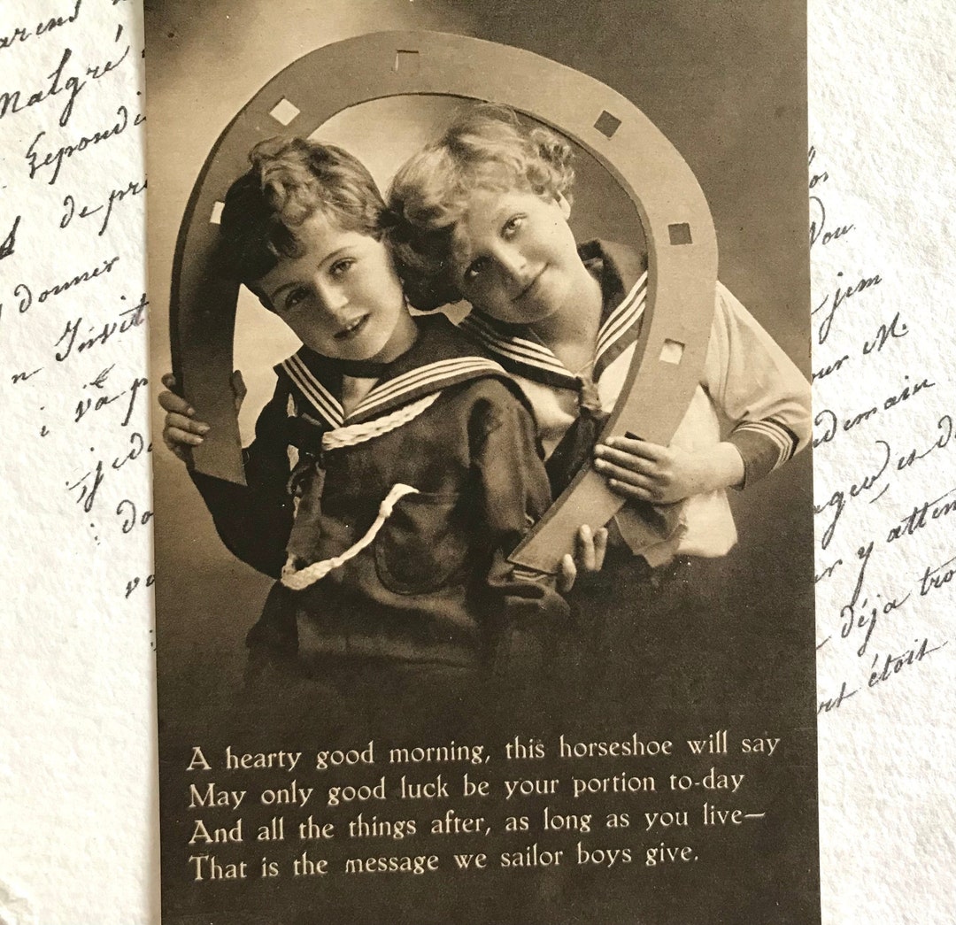 Antique Postcard, Boys in Sailor Suits, Large Horseshoe, Poem, Raphael ...