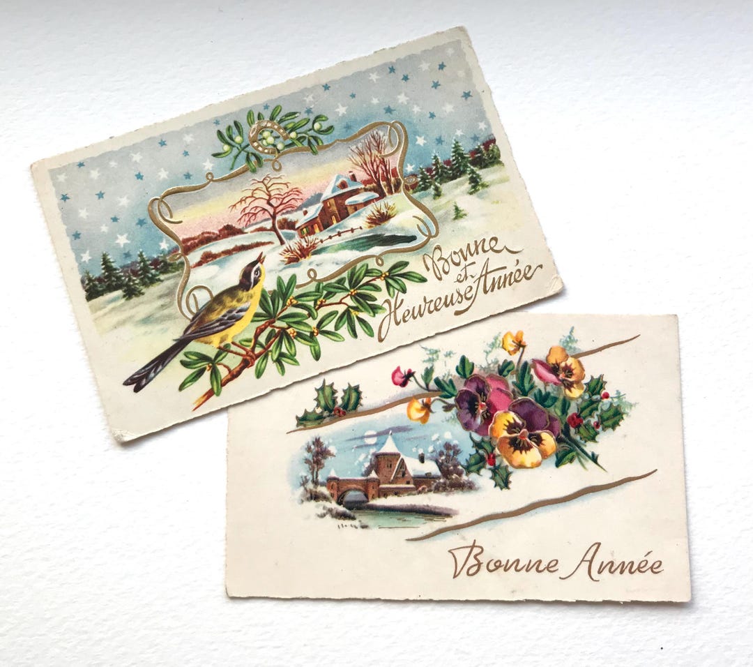 Vintage French Miniature Christmas Cards, ‘bonne Annee’ , Pansies, Bird ...