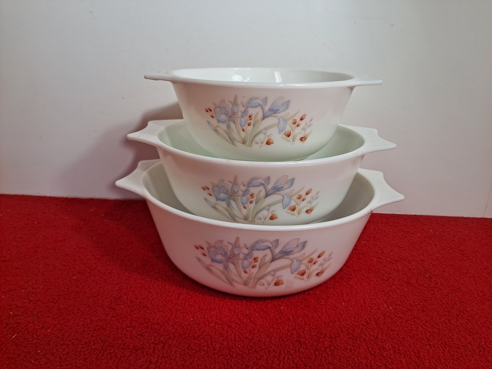 Vintage Pyrex Blue Iris Casserole, Mixing Bowl Set, English Pyrex Set ...