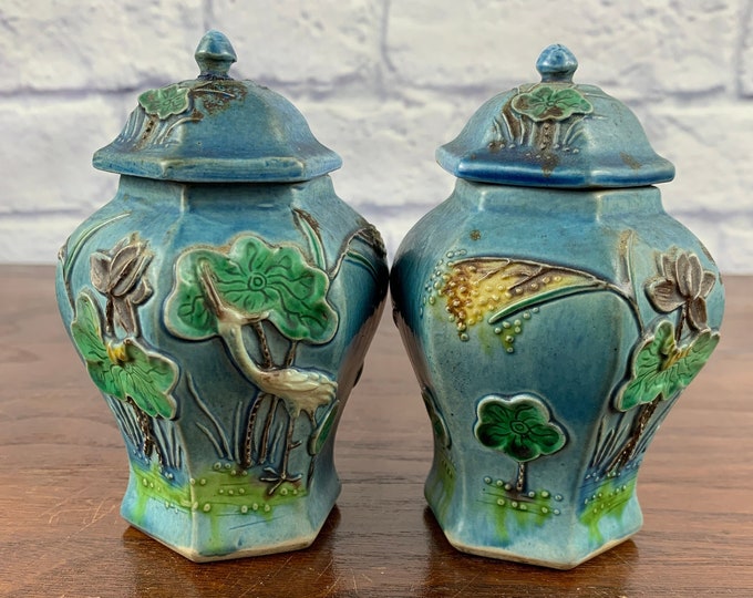 Pair of Chinese Ginger Jars With Raised Crane Relief Fahua Style Glaze ...
