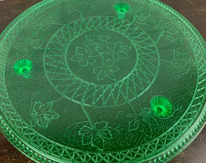Fry Glass Sunnybrook Maple Leaf Pattern Footed Cake Plate Green Uranium ...