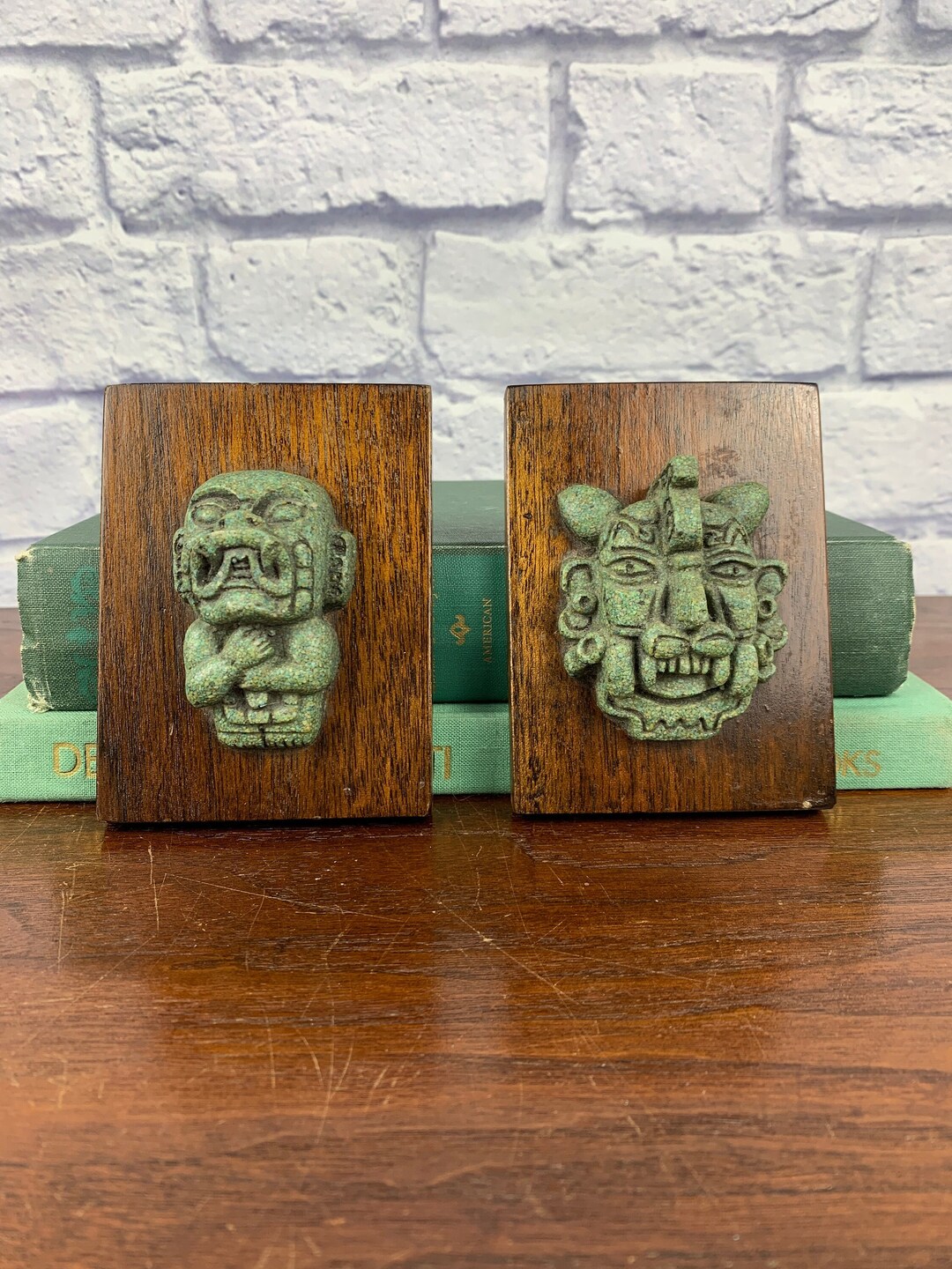 Pair of Crushed Malachite Aztec Relief Wall Hangings Mid Century Decor ...