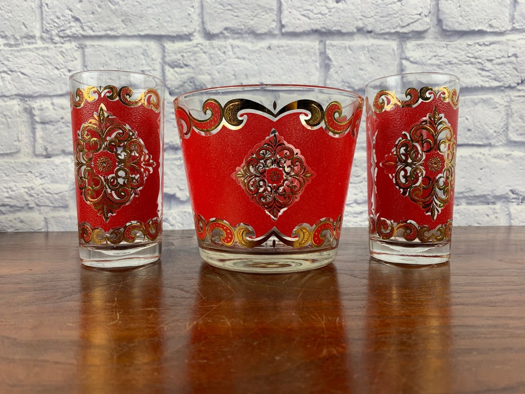 Mid Century Red and Gold Starlyte Highball Glasses and Ice Bucket - Etsy