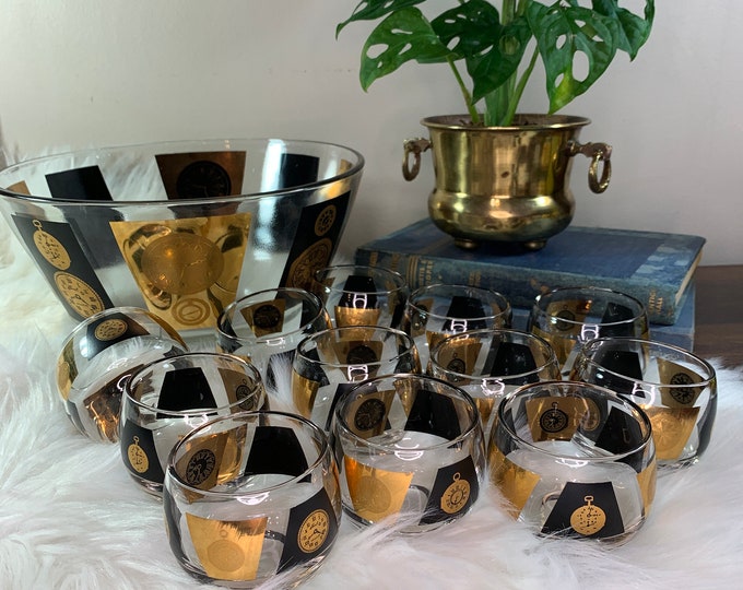 Cera Clocks Black and Gold Punch Bowl With 12 Roly Poly Glasses Mid ...